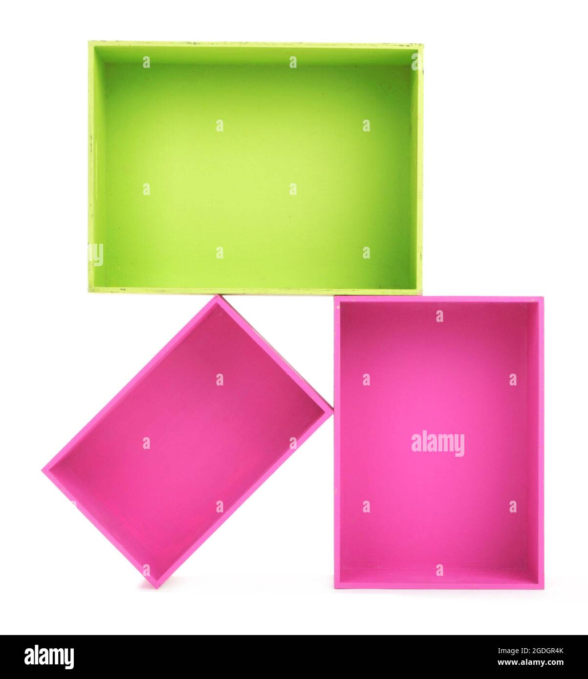 Multicoloured wooden boxes on white background isolated Stock Photo - Alamy