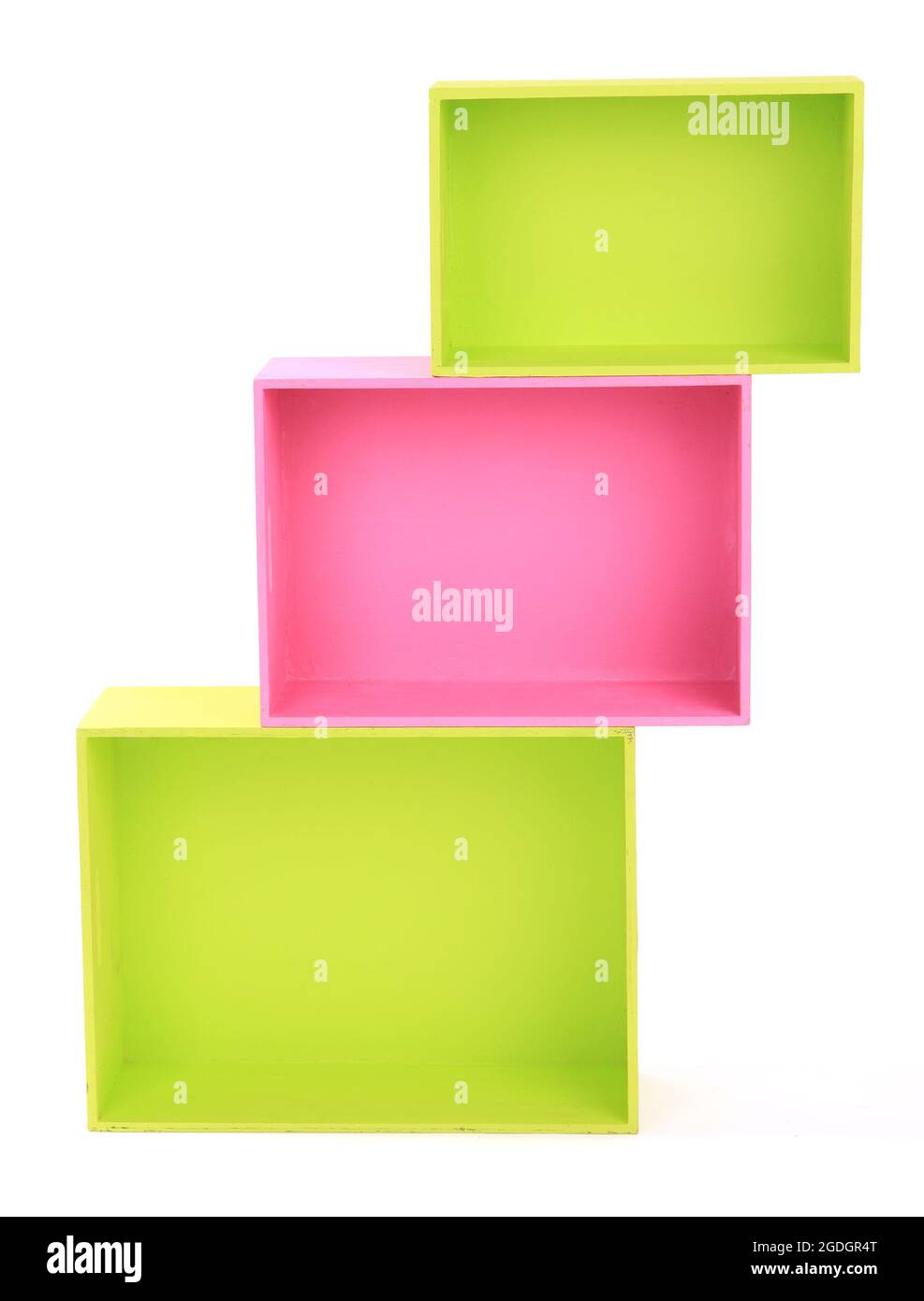 Multicoloured wooden boxes on white background isolated Stock Photo - Alamy