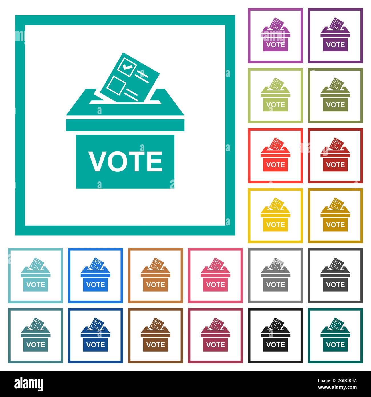 Voting paper and ballot box solid flat color icons with quadrant frames ...