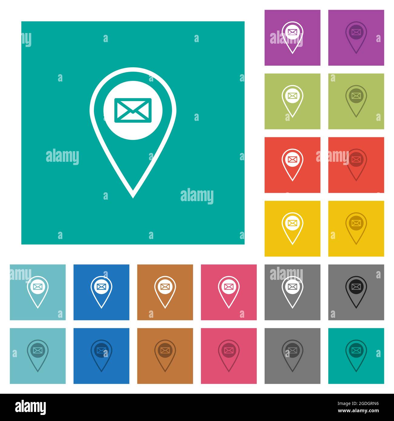 GPS location send mail multi colored flat icons on plain square ...