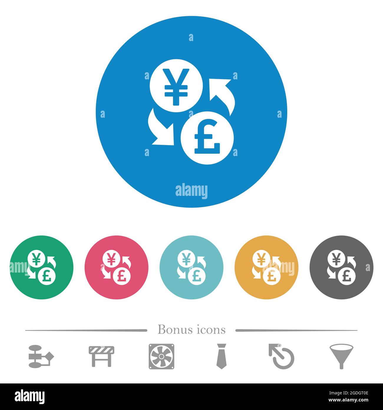 Yen Pound money exchange flat white icons on round color backgrounds. 6 ...