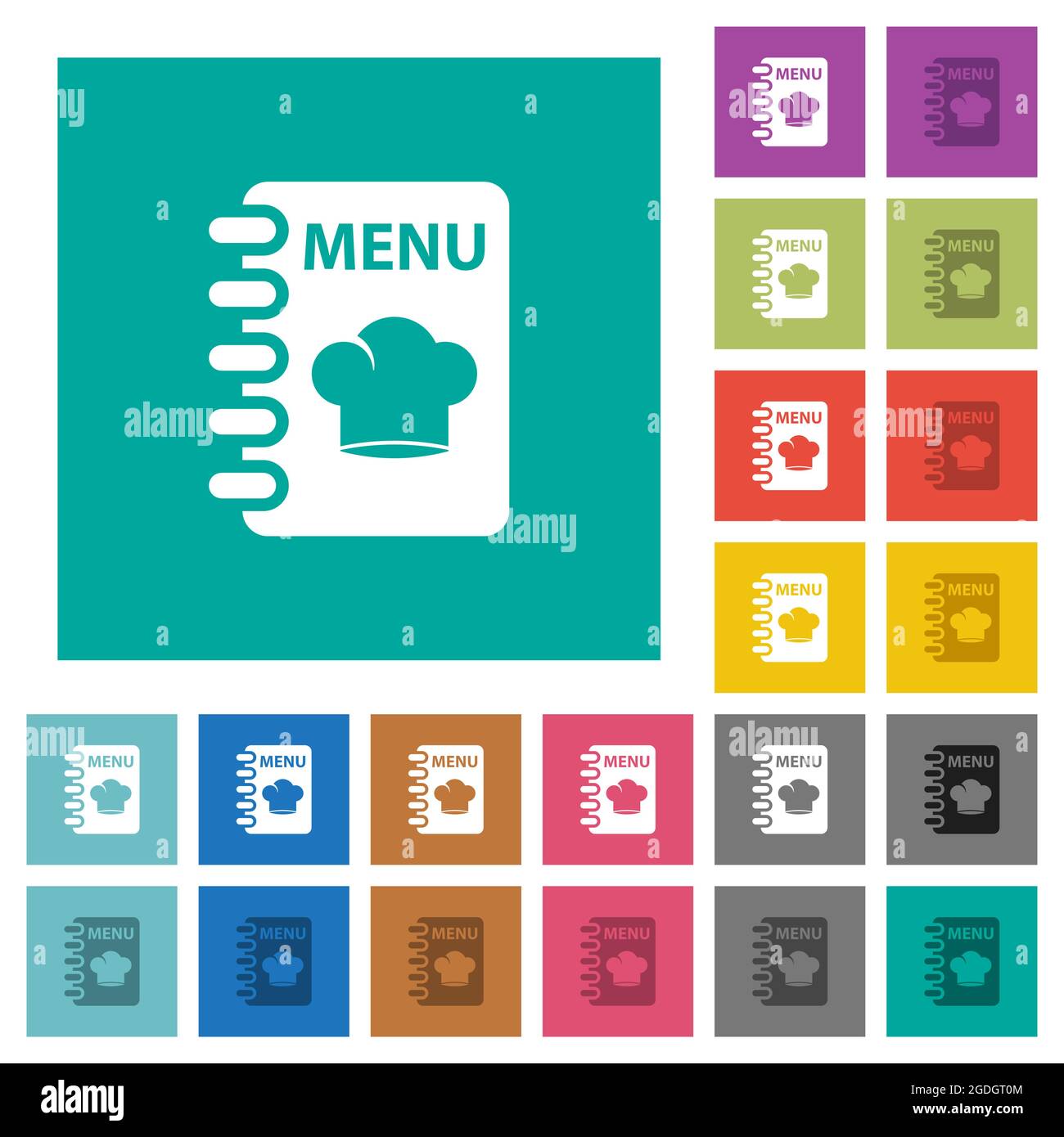 Menu with chef hat multi colored flat icons on plain square backgrounds ...