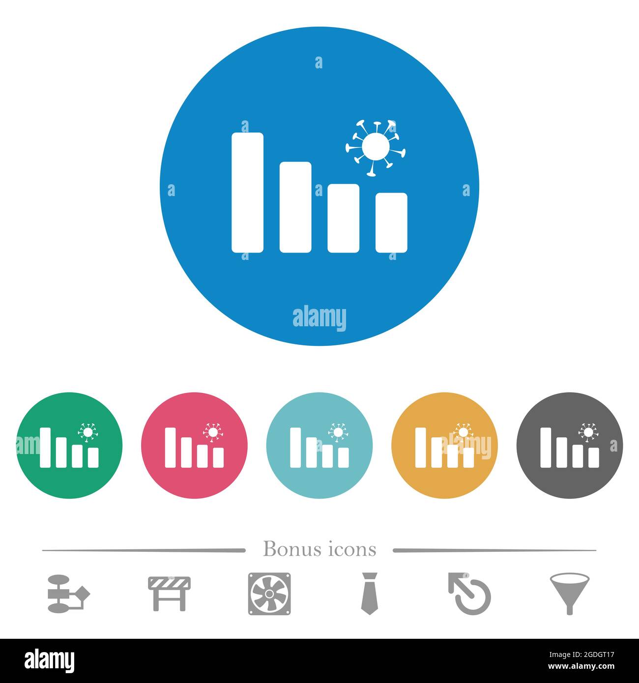 Covid graph flat white icons on round color backgrounds. 6 bonus icons ...