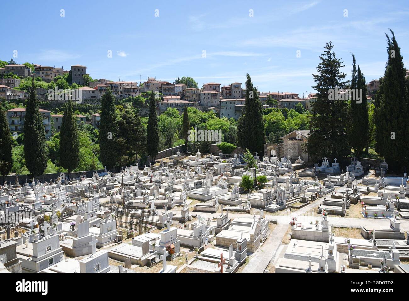 Landscape with scenic view of Dimitsana and its cemetery with ...