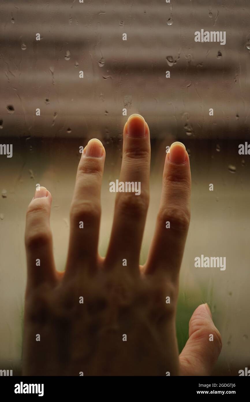 Hand touches a window in rain drops Stock Photo - Alamy