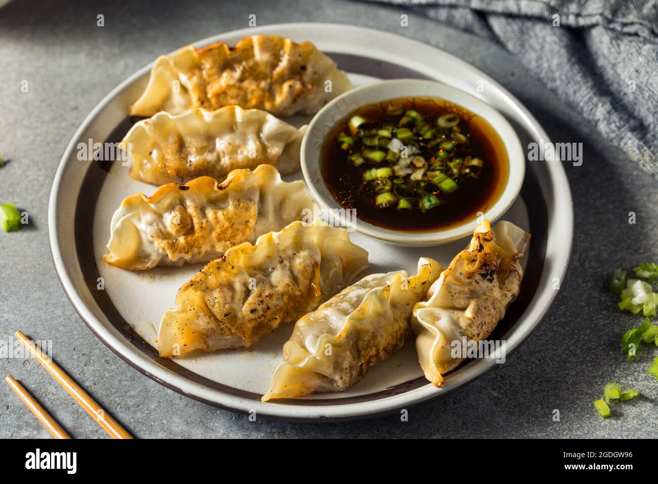 Homemade Korean Beef Mandu Potstickers with Dipping Sauce Stock Photo ...