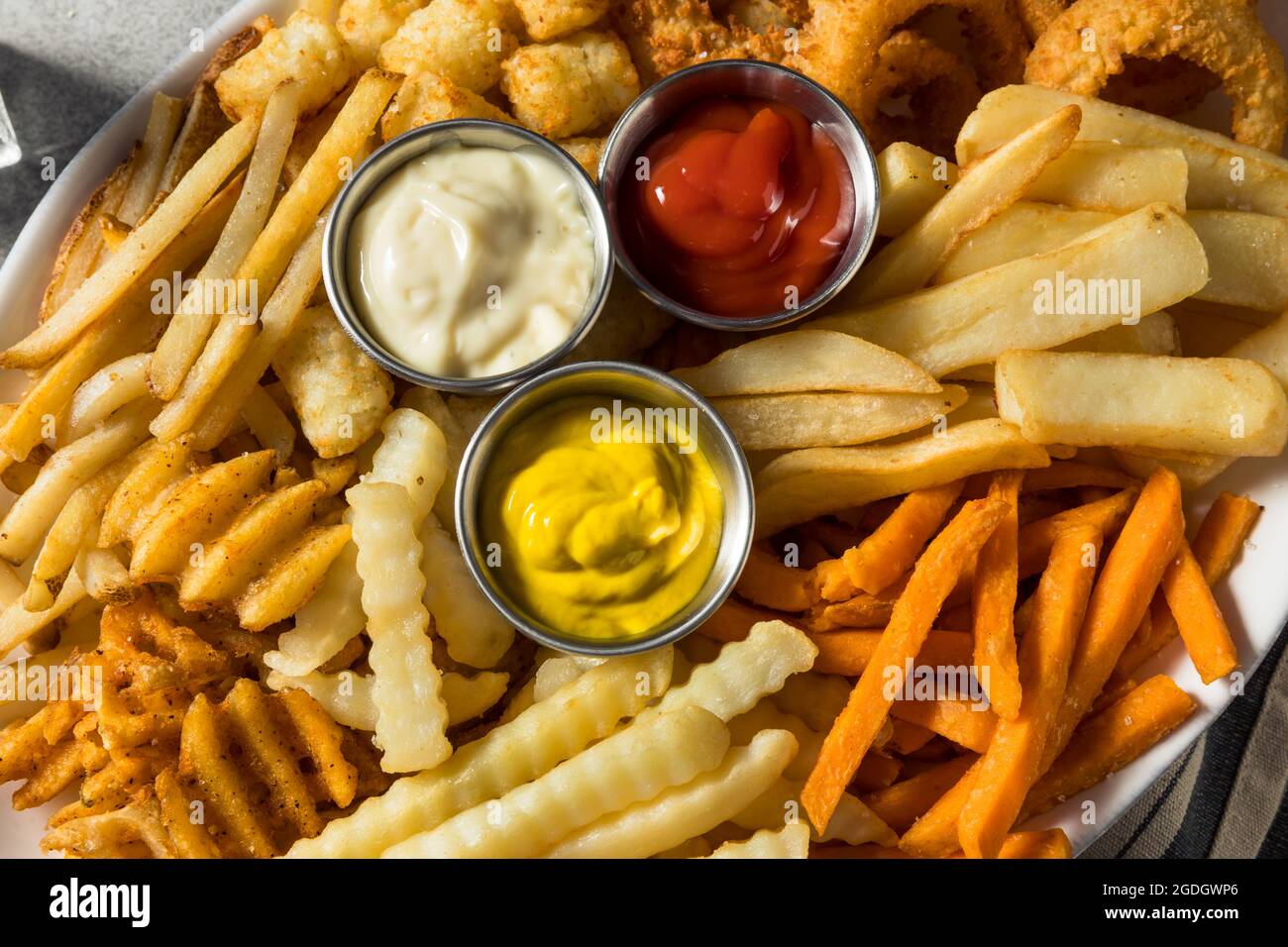Homemade Crispy Deep Fried French Fry Platter with Dipping Sauces Stock ...