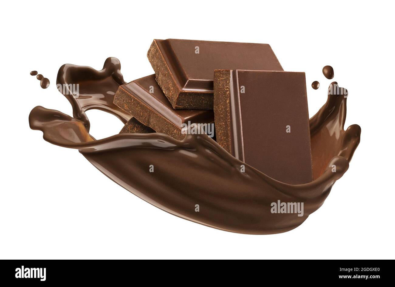 Chocolate bars with chocolate splash isolated on white background Stock ...