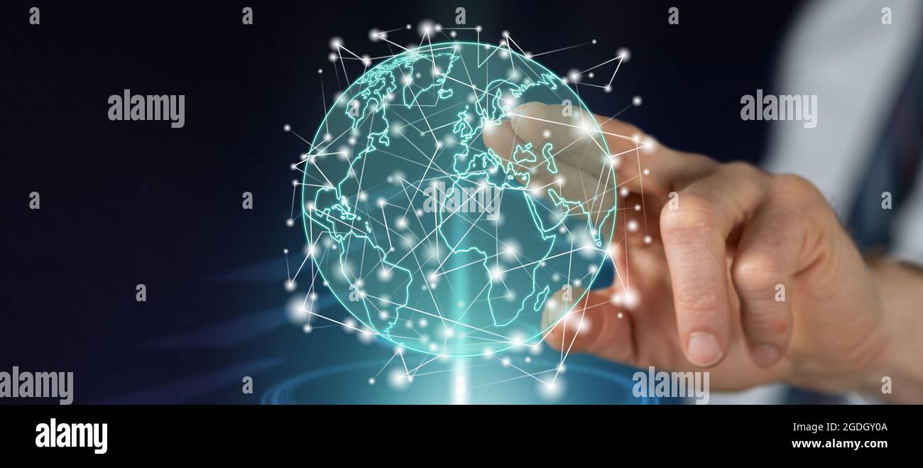 Man touching a global connection concept on a touch screen with his ...