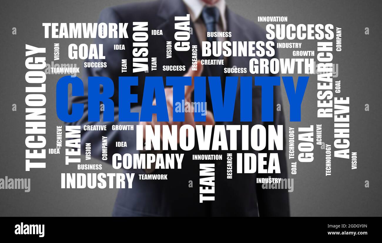 Creativity word cloud concept shown by a businessman in background ...