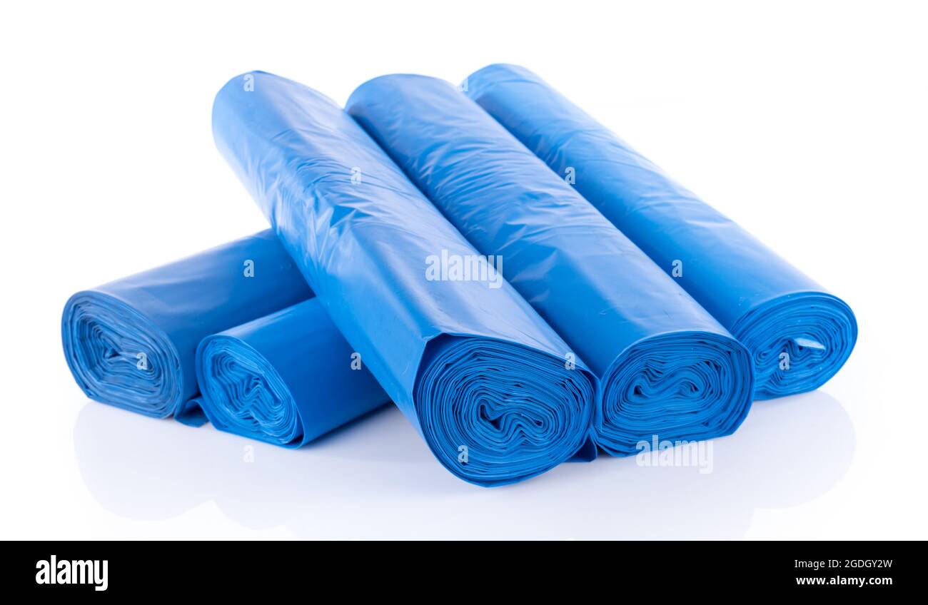 Blue garbage bags, isolated on white Stock Photo - Alamy