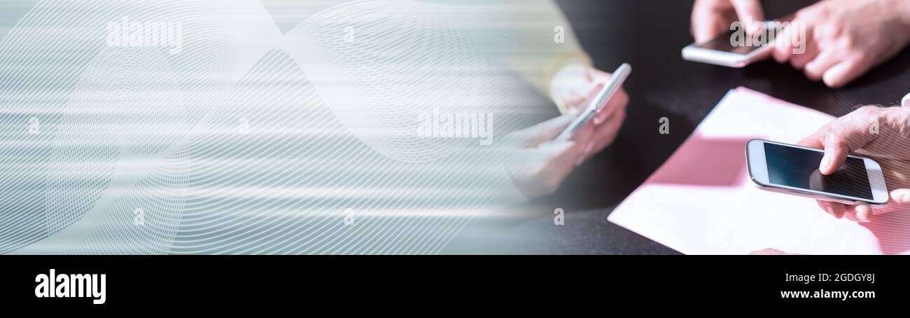 View of people hands using mobile phones. panoramic banner Stock Photo ...