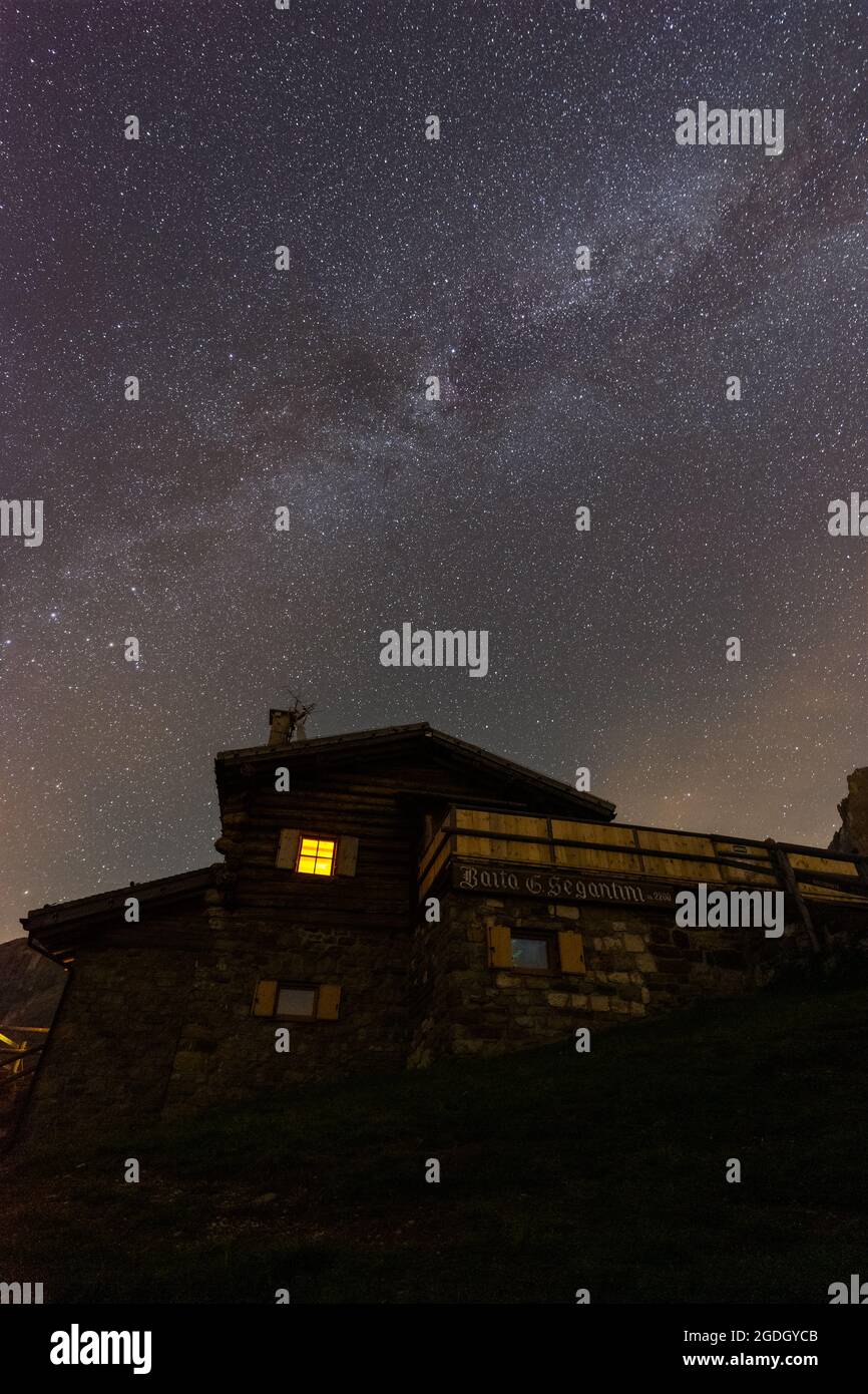 baita Segantini with milky way, Passo Rolle, Trentino, Italy Stock ...