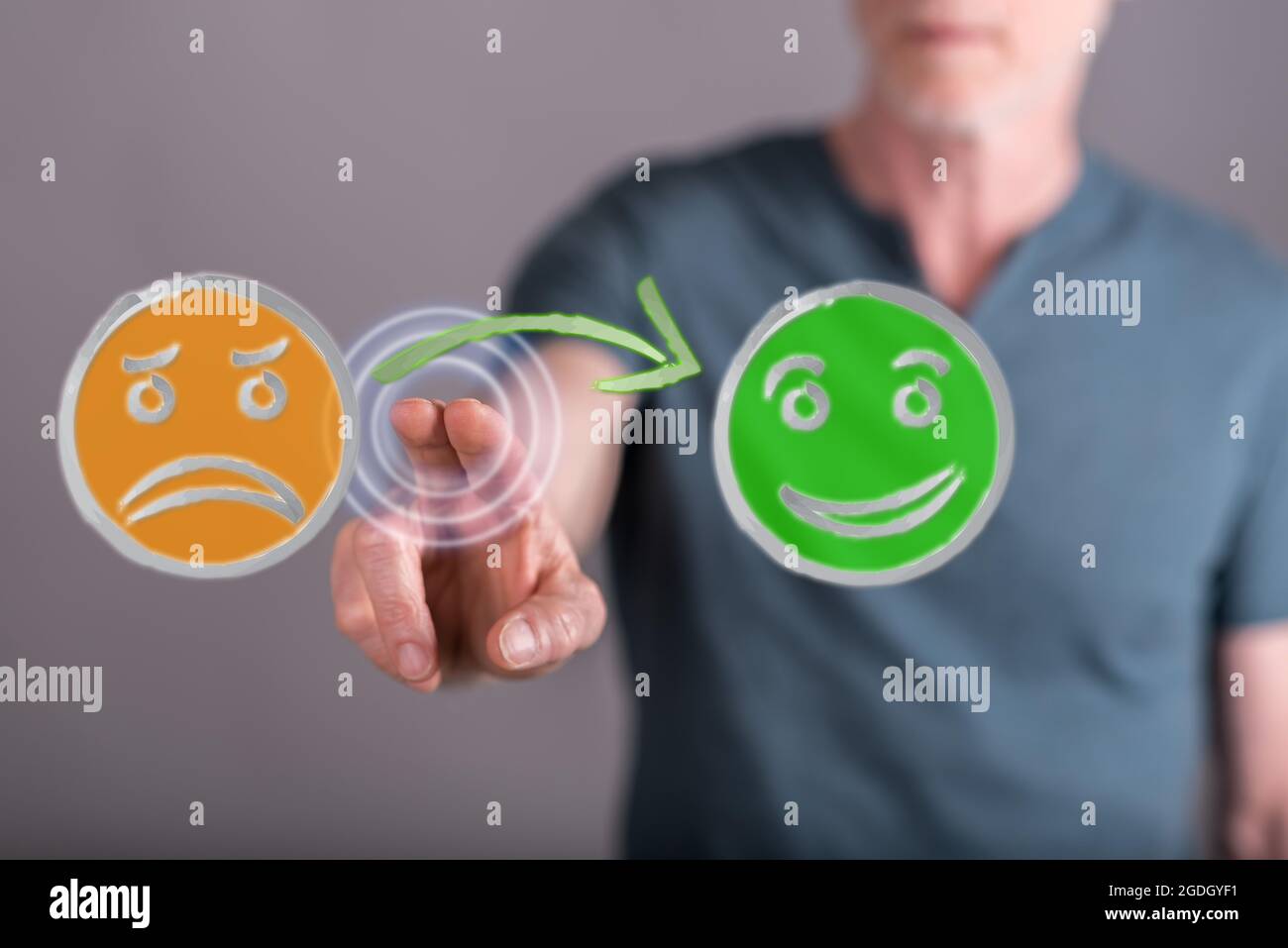 Man touching a customer satisfaction concept on a touch screen with his ...