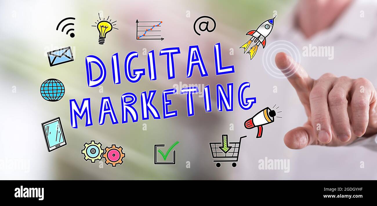 Man touching a digital marketing concept on a touch screen with his ...