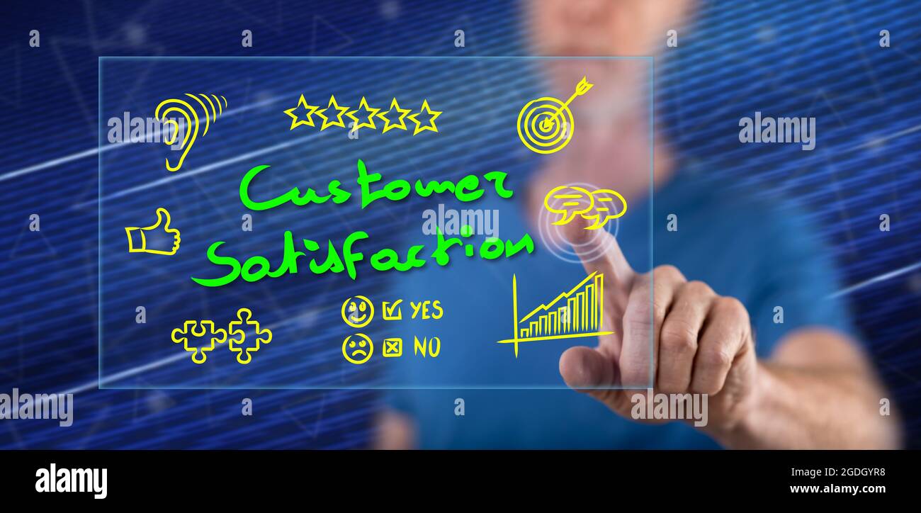 Man touching a customer satisfaction concept on a touch screen with his ...