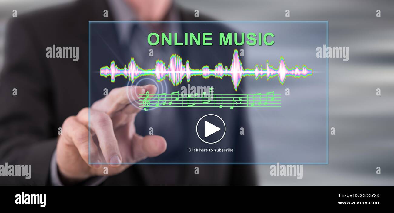 Man touching an online music concept on a touch screen with his finger ...