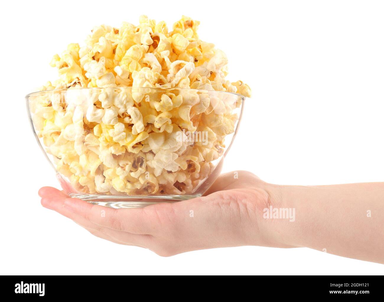Popcorn in glass bowl isolated on white Stock Photo - Alamy