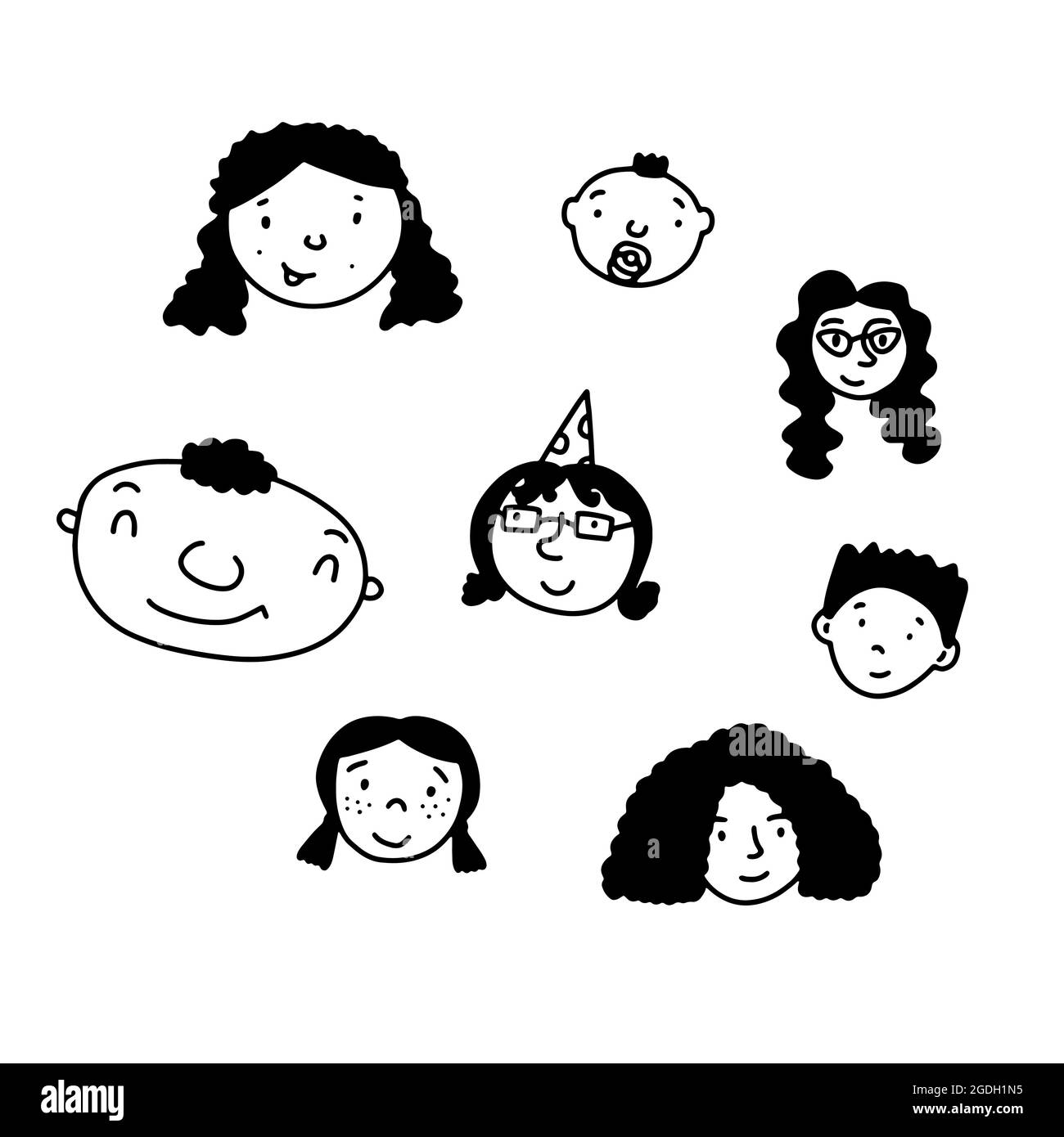 Doodle smiling baby faces set. Hand-drawn people isolated on white ...