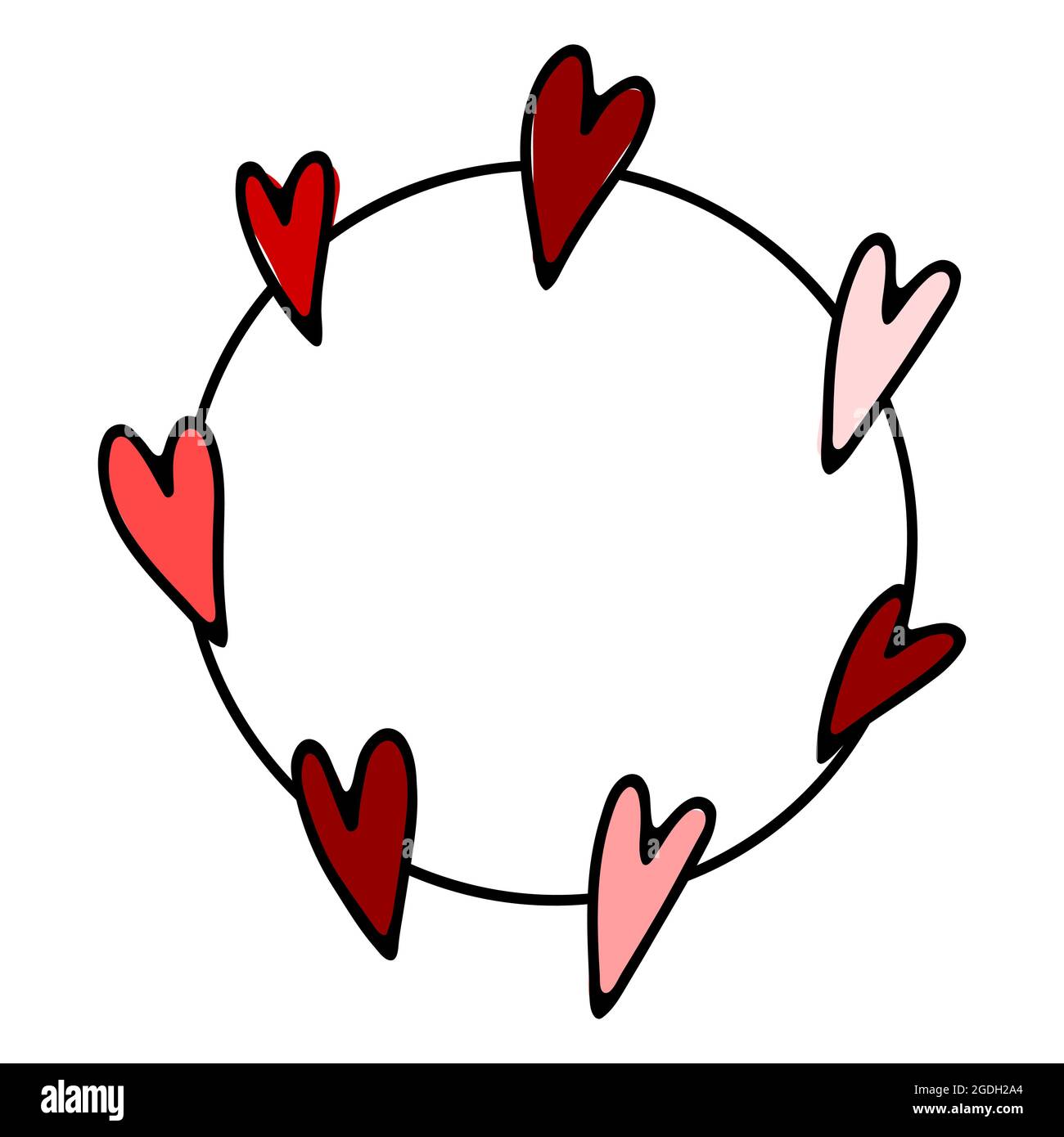 Doodle Valentines Day circle frame. Hand-drawn color template with red ...