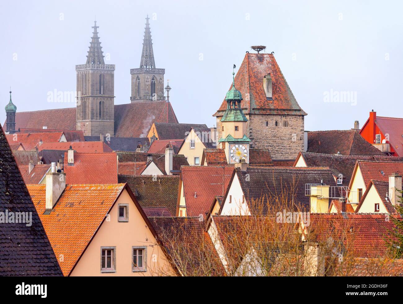 View of the stone towers and medieval buildings in the historic city ...