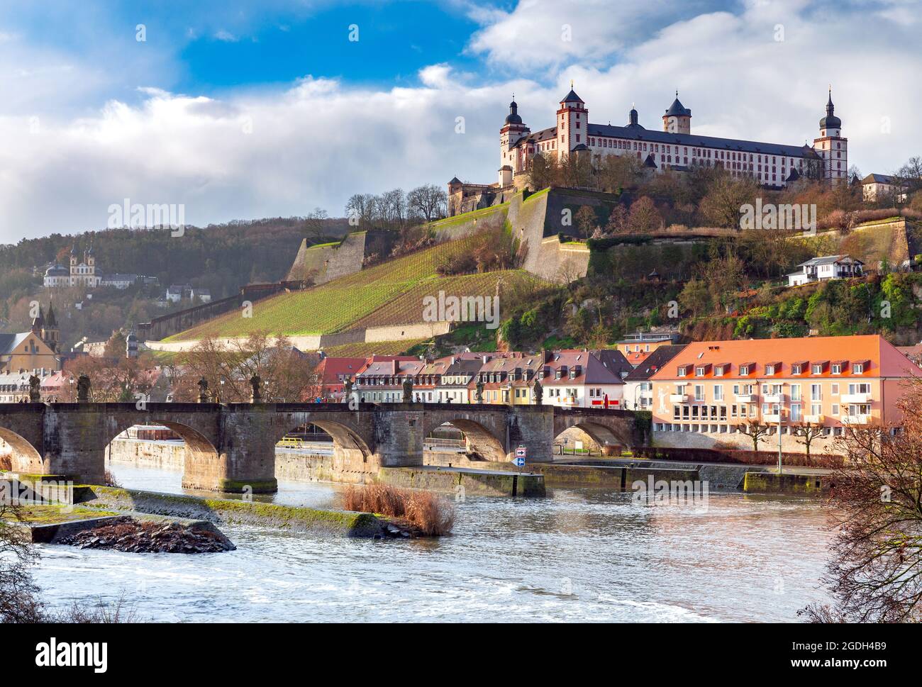 Old medieval stone bridge with sculptures in the morning. Germany ...