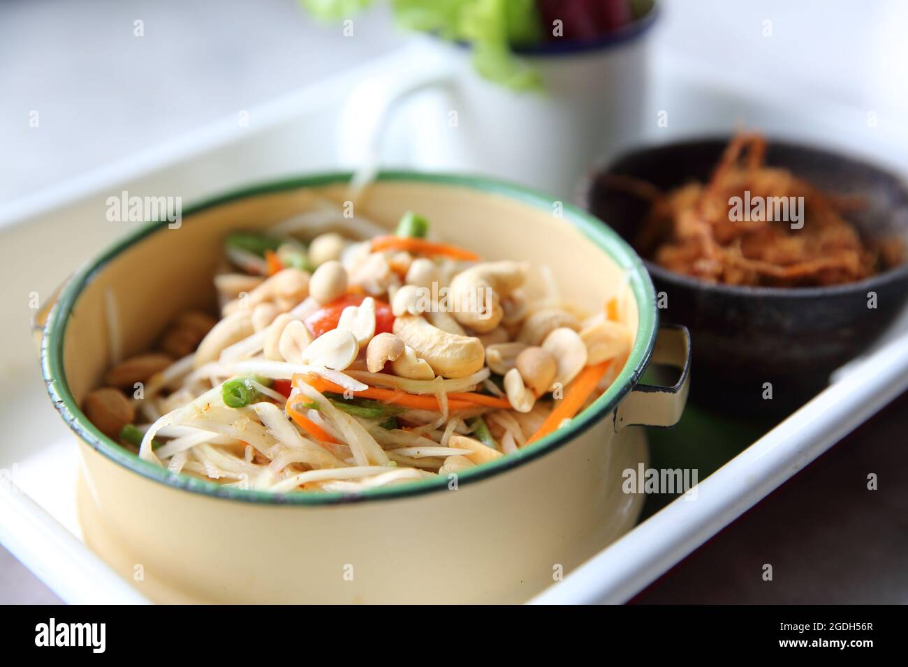 Local Thai food somtum with pork amd sticky rice Stock Photo - Alamy