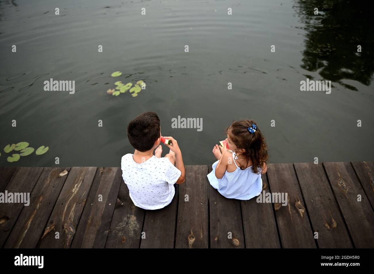 Top view of children on the pier with lowering feet in the lake ...