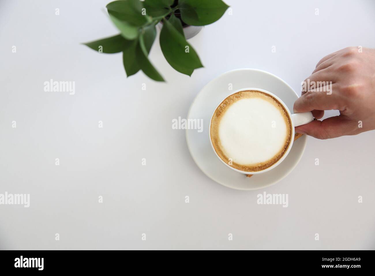 cappuccino coffee with hand on white background Stock Photo - Alamy