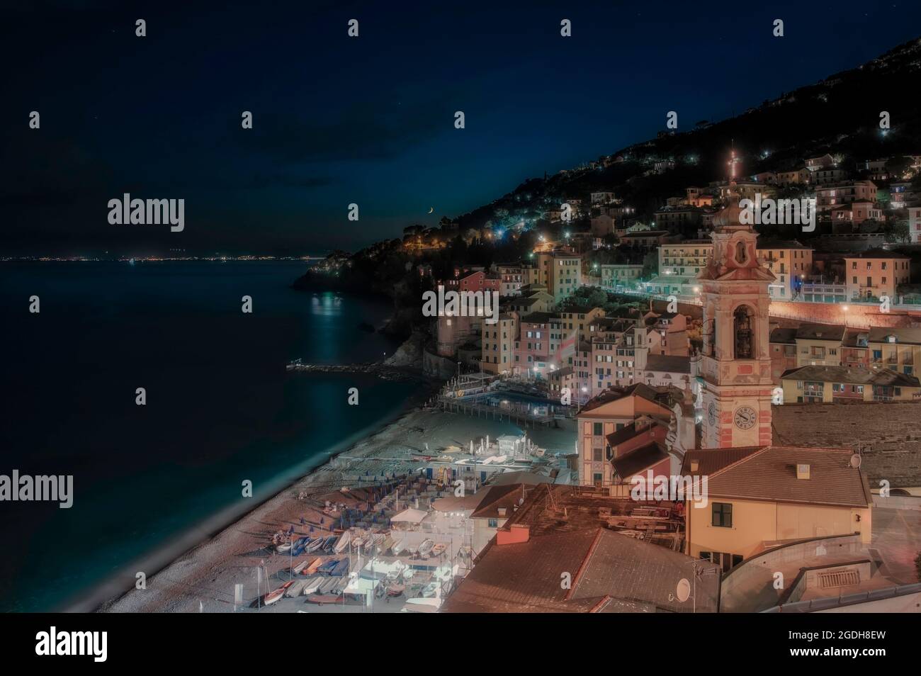 Sori Ligurian country in Italy, seen in the evening with the church ...