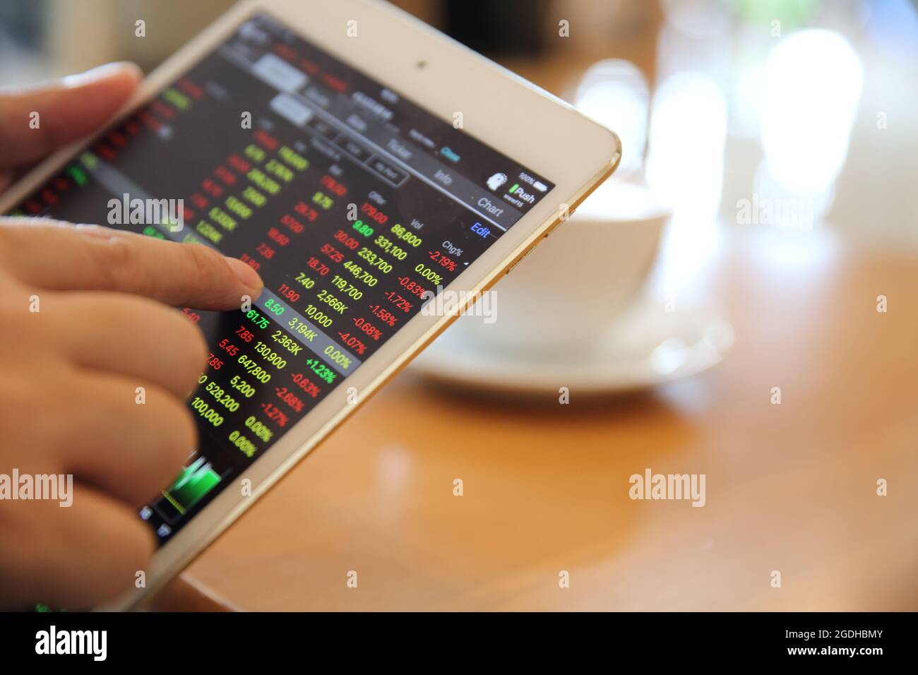Business Hand Analyzing Stock finance Graph on Tablet with Coffee on ...