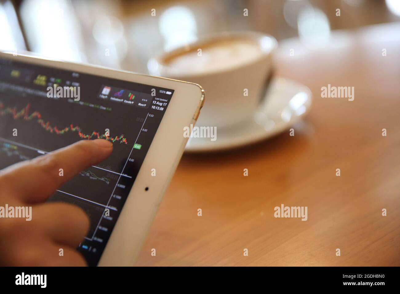 Business Hand Analyzing Stock finance Graph on Tablet with Coffee on ...