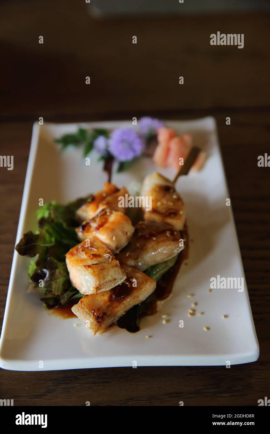Grilled salmon stick , Salmon teriyaki , Japanese food Stock Photo - Alamy