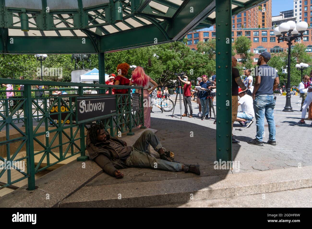 NEW YORK, USA – JUNE 16: Young homeless man lays down at entrance of ...