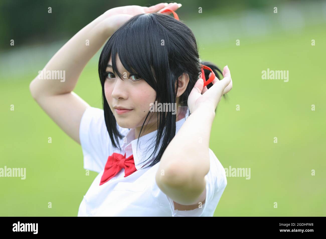 Japanese school in countryside with grass mountain and tree Stock Photo ...