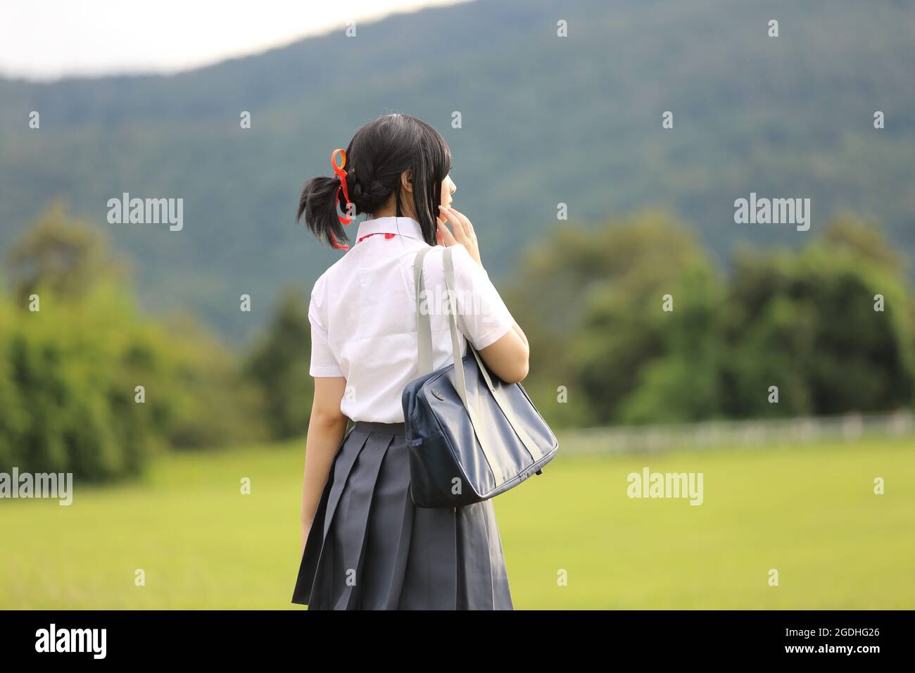 Japanese school in countryside with grass mountain and tree Stock Photo ...