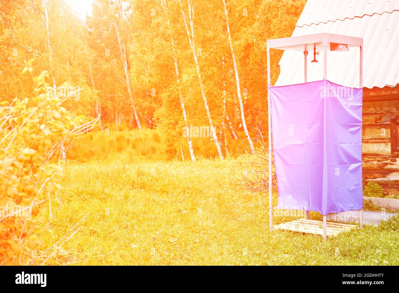 Tent camp shower in forest. Local travel concept. Sustainable lifestyle ...
