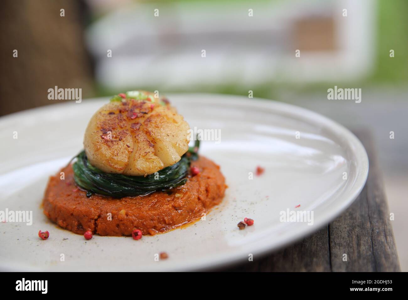 Seared scallops , Grilled scallop with pasley starter food on wood ...