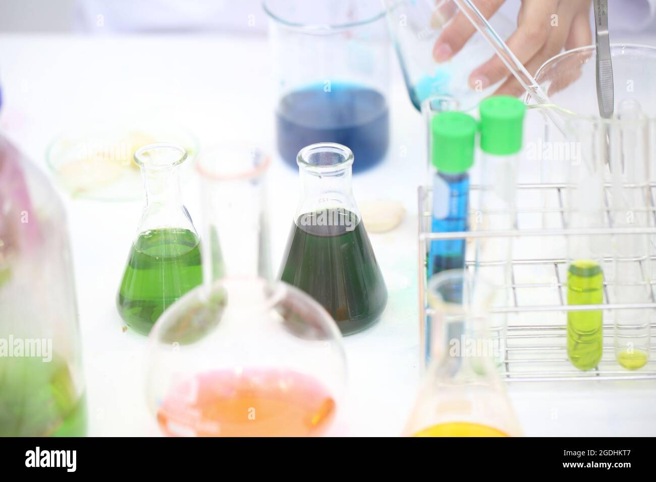 Scientific laboratory glassware filled with color liquid Stock Photo ...