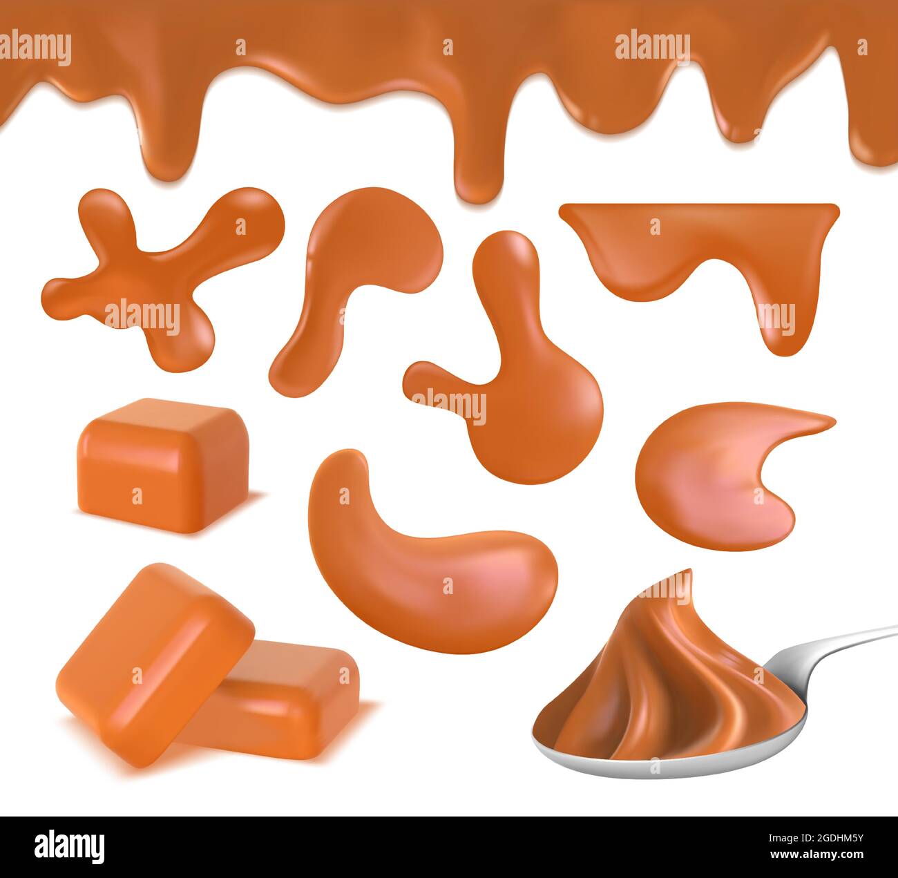 Realistic toffee melted caramel border, puddles and candy. Peanut ...