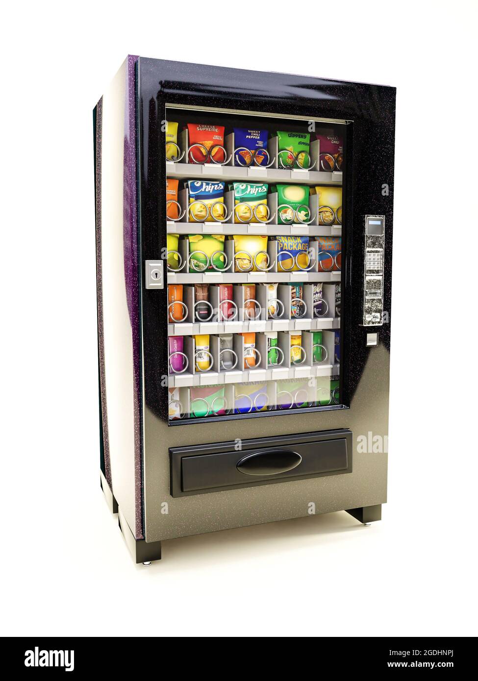 3D rendering of snack vending machine with fake snack mockups on white ...