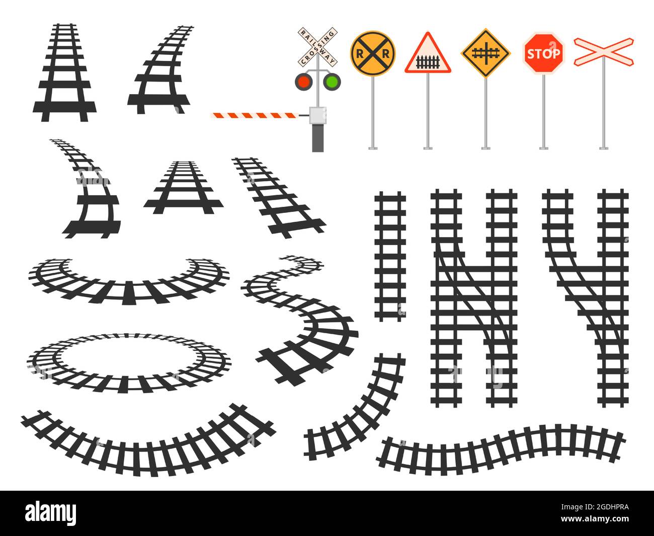 Train railway tracks curved silhouette, barrier and road signs. Railroad perspective and top map ...