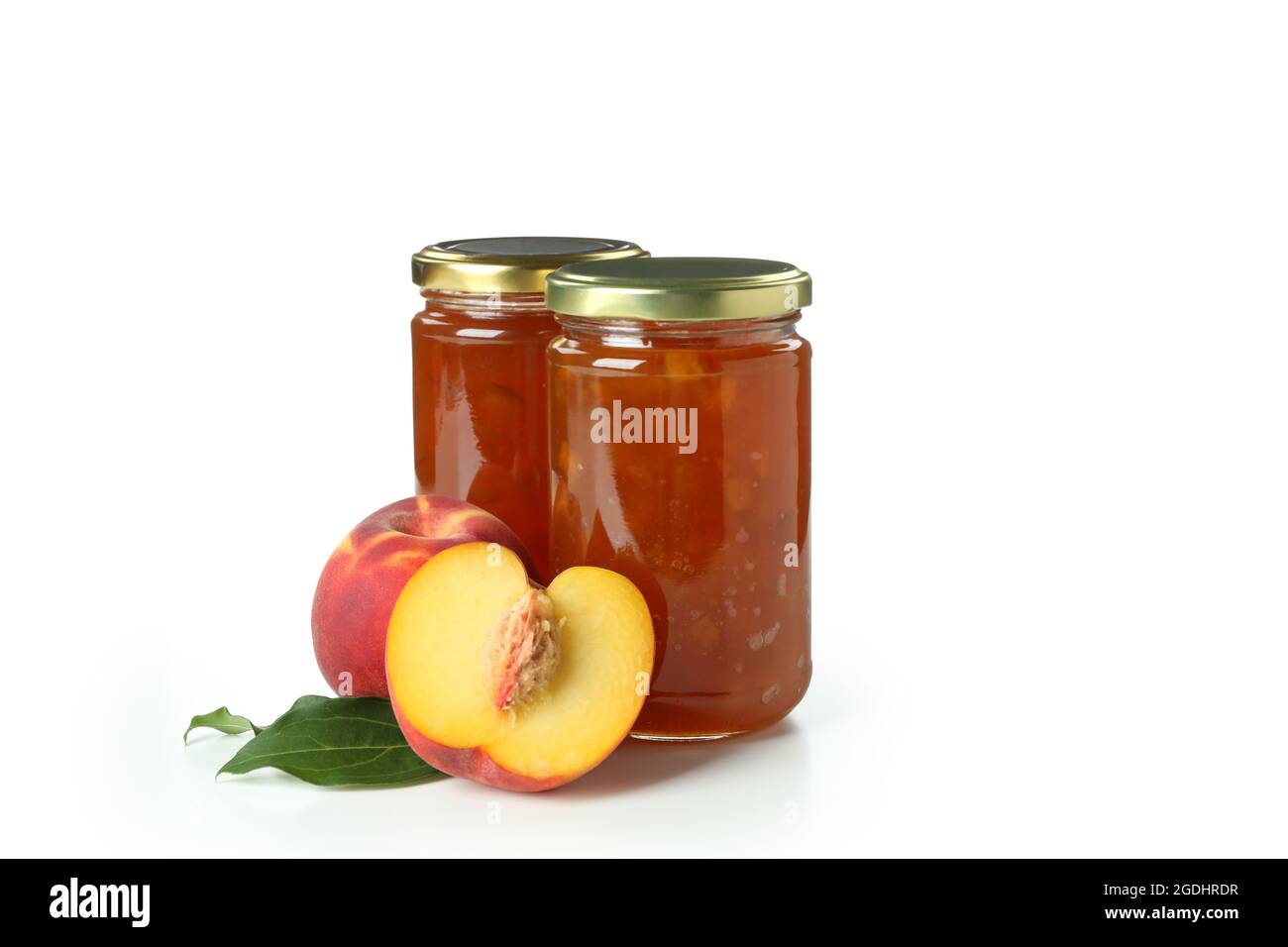 Jars of peach jam and ingredient isolated on white background Stock ...