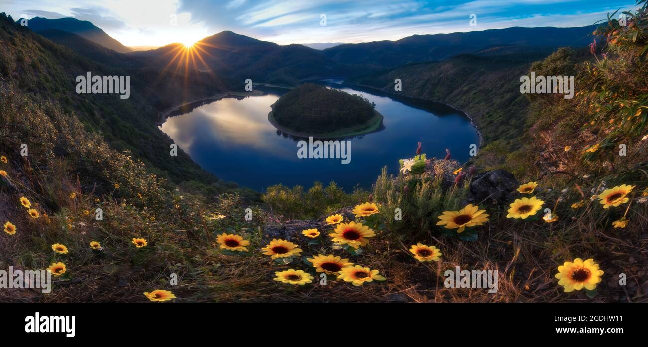 Spring view of the valley of the meander of Melero at sunrise, flowers ...