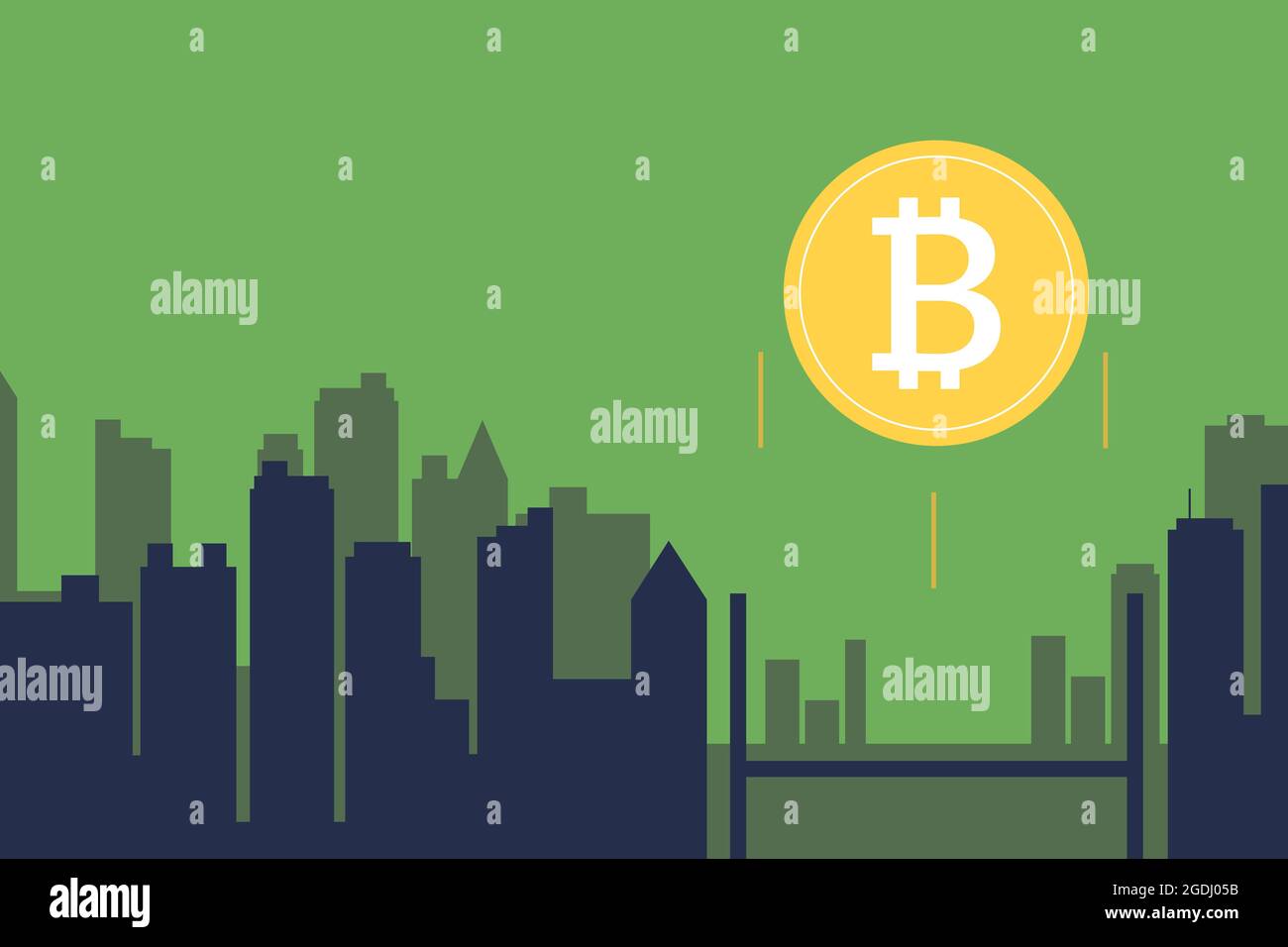 Bitcoin flying up on city background illustration Stock Photo - Alamy
