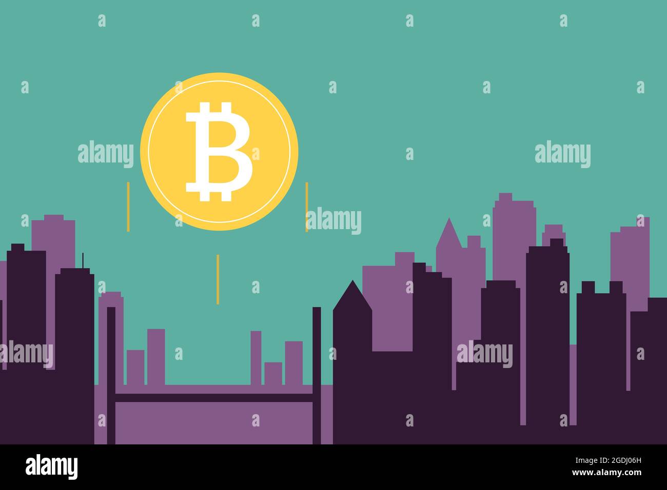 Bitcoin flying up on city background illustration Stock Photo - Alamy