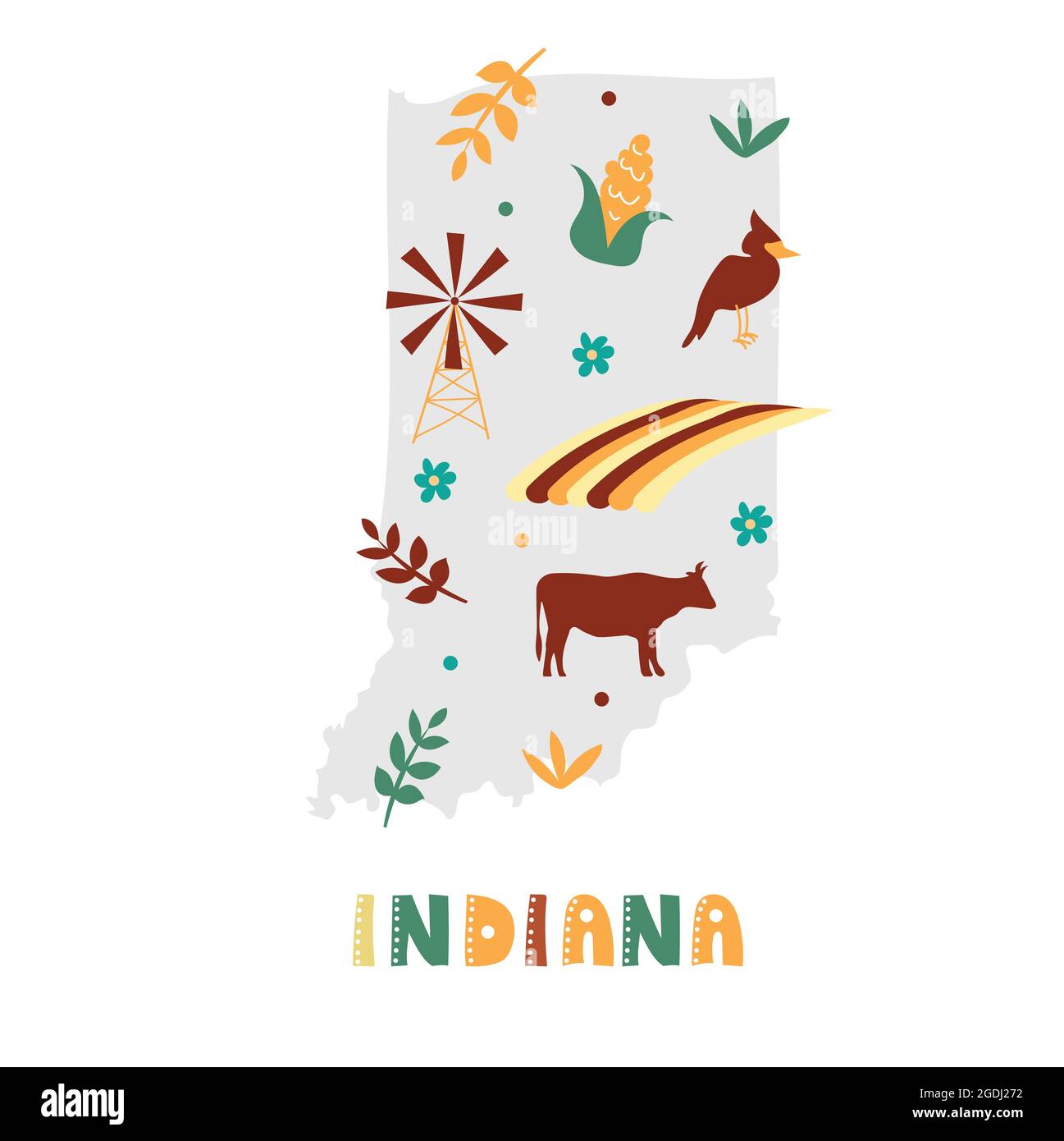 USA map collection. State symbols and nature on gray state silhouette ...