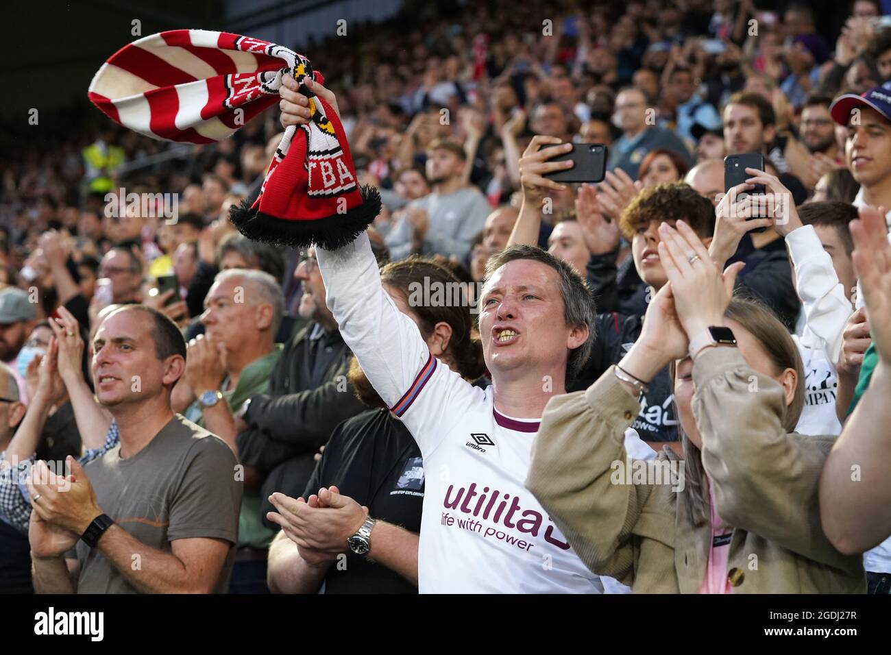 Brentford fans in the stands show their support before the Premier ...