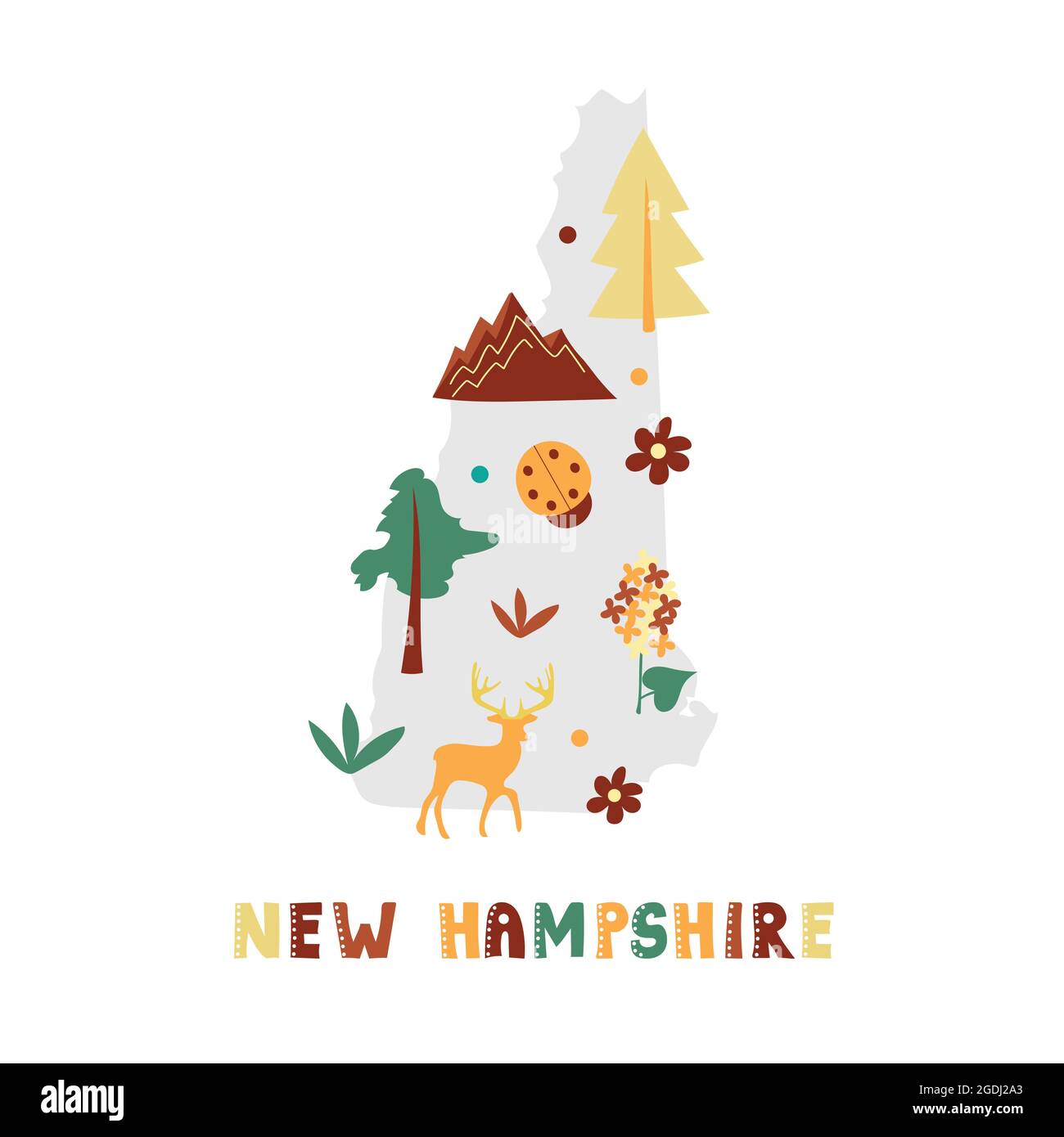 USA map collection. State symbols and nature on gray state silhouette ...