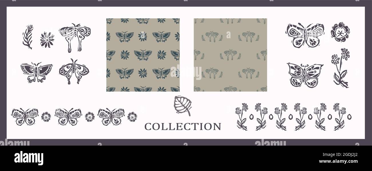 Seamless background carved butterfly bug set of 2 patterns with motif ...